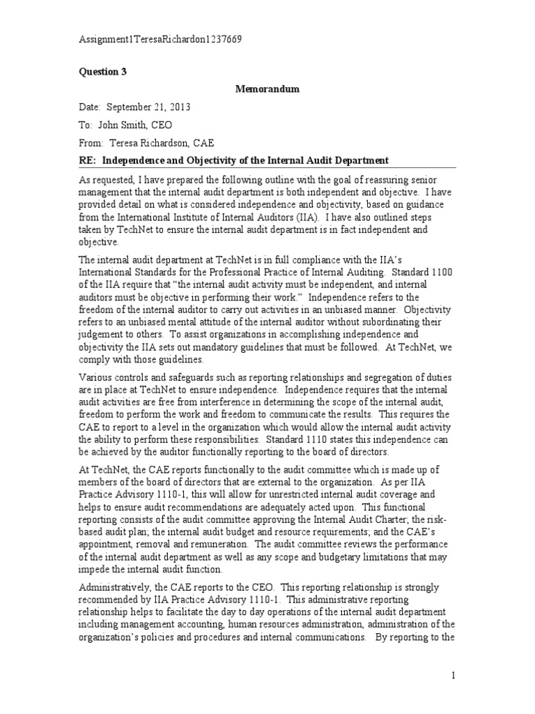 MU1 Assignment One - Memo | PDF | Internal Audit | Business