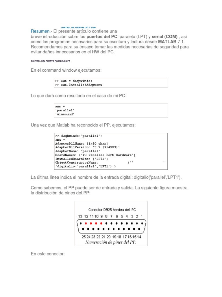 Control de Puertos LPT y COM en MATLAB | PDF | Poco | Equipo de oficina
