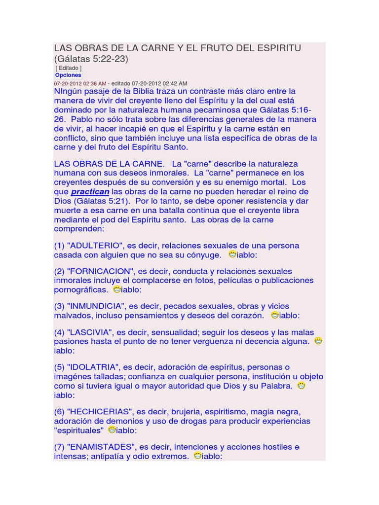 Las Obras de La Carne y El Fruto Del Espiritu | PDF
