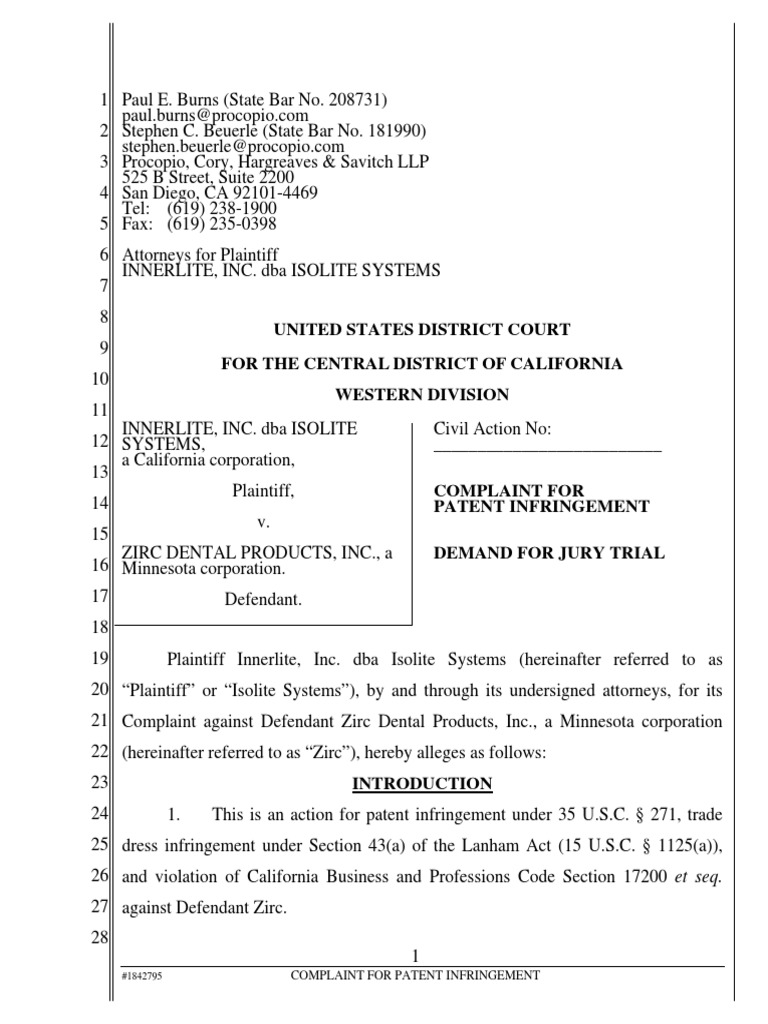 Innerlite Et. Al. v. Zirc Dental Products | PDF | Trade Dress | Patent