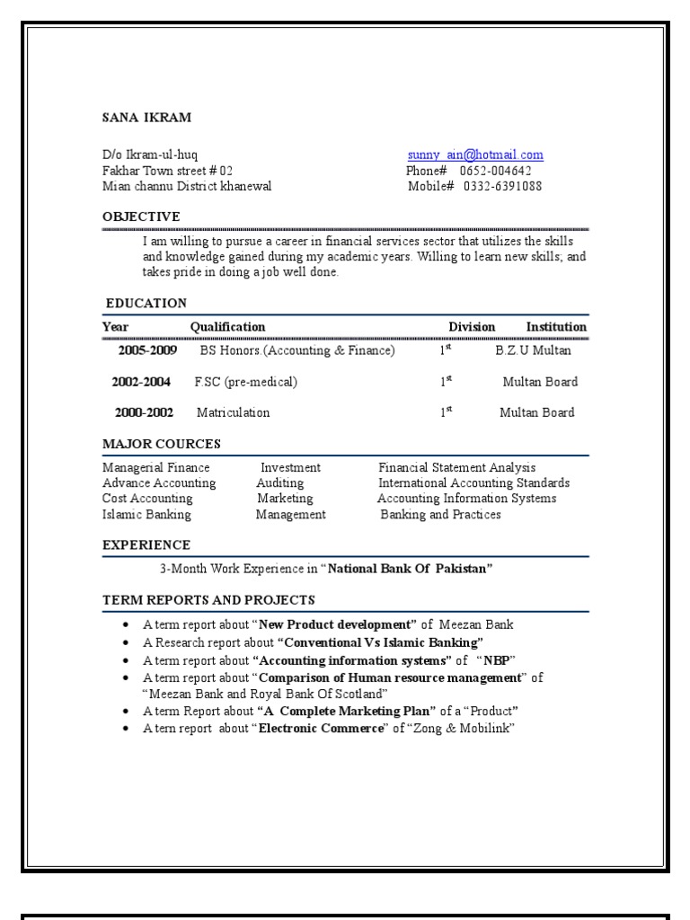 RBC Resume of Sana Ikram | PDF | Islamic Banking And Finance | Accounting