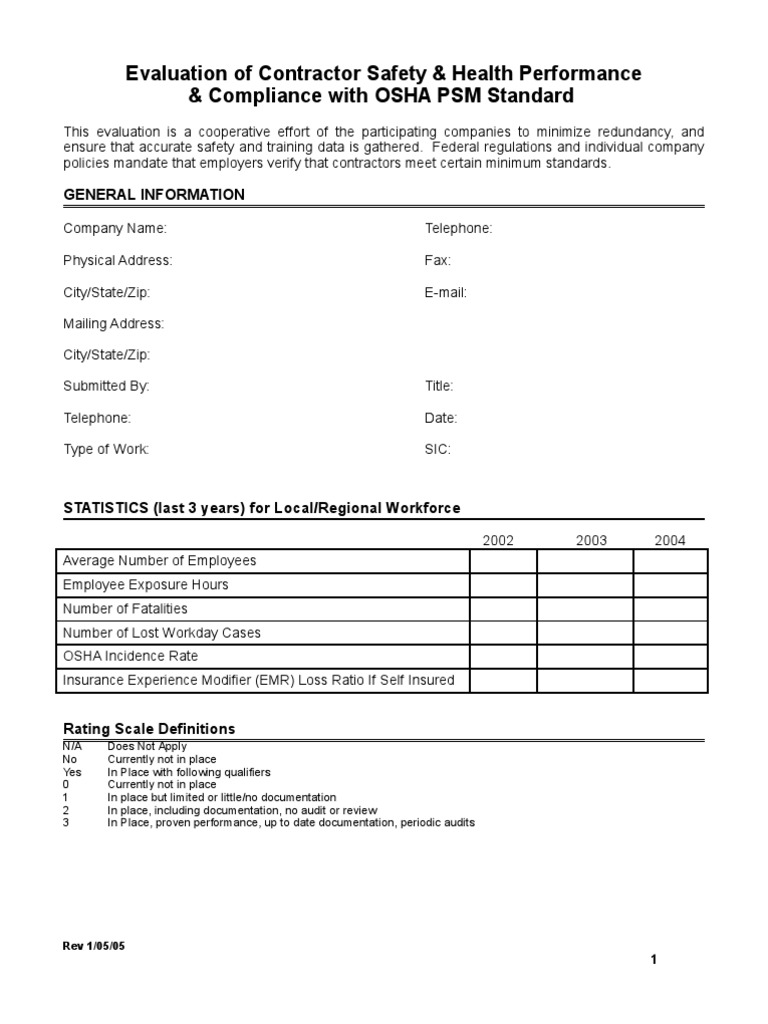 Evaluation of Contractor Safety & Health Performance & Compliance With ...