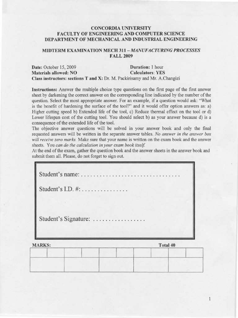 Mech311 Midterm 2009, 2011 and 2012 | PDF | Machining | Drilling