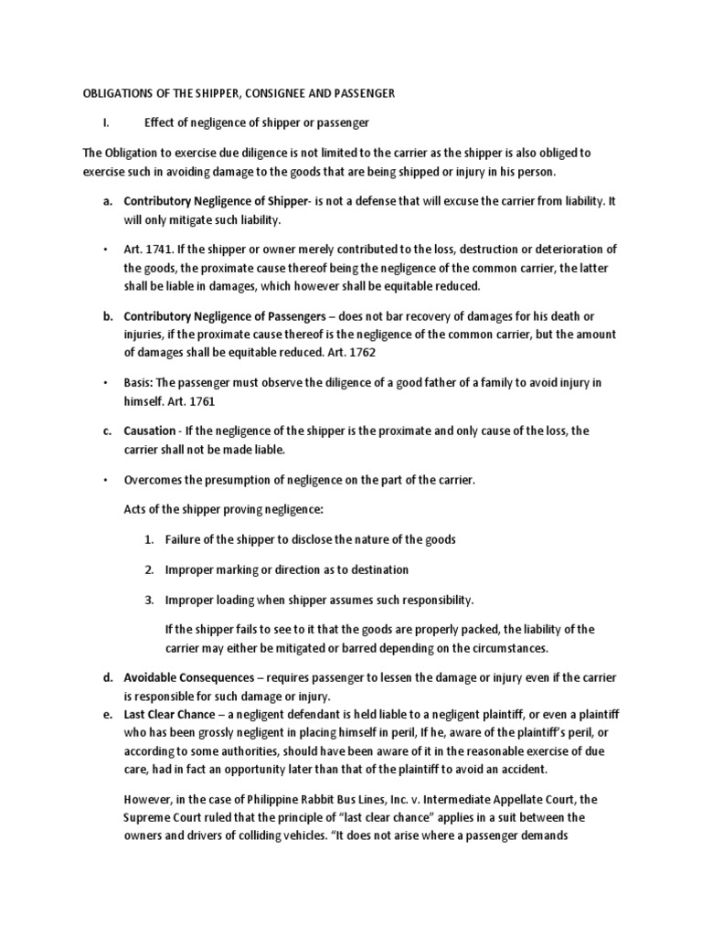 Shipper, Consignee, and Passenger Obligations | PDF | Negligence ...