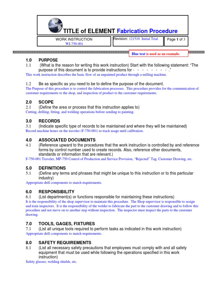 work Instruction sample | Metal Fabrication | Welding
