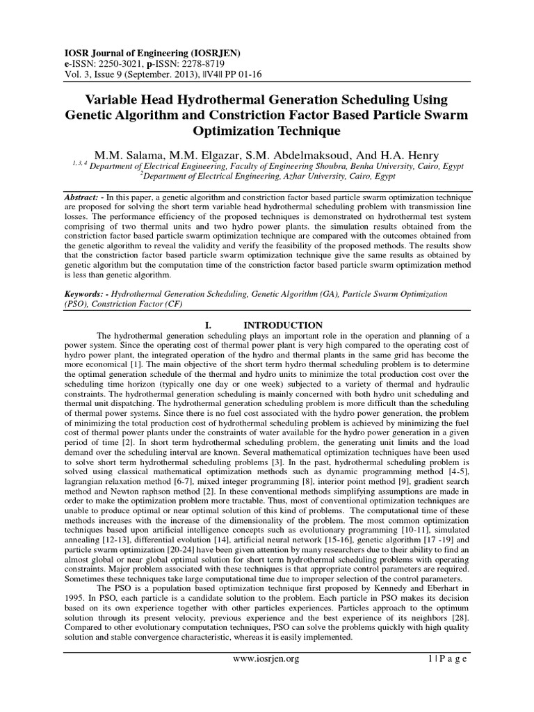 Variable Head Hydrothermal Generation Scheduling Using Genetic Algorithm and Constriction Factor ...