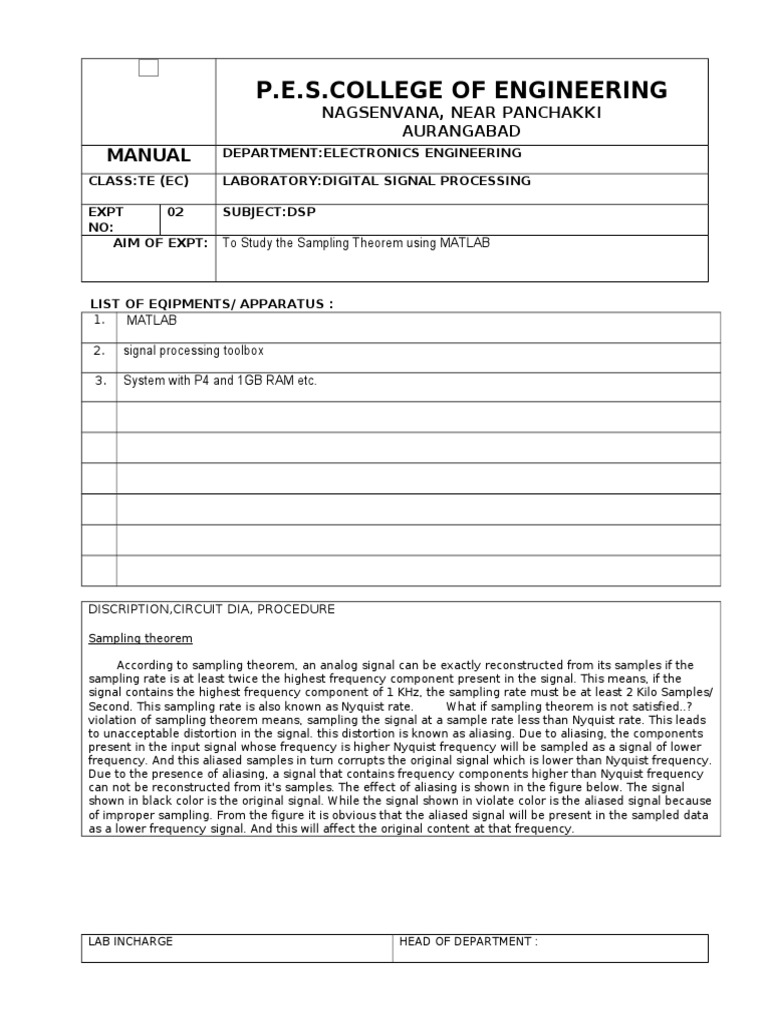 P.E.S.College of Engineering: Manual | PDF | Sampling (Signal Processing) | Digital To Analog ...