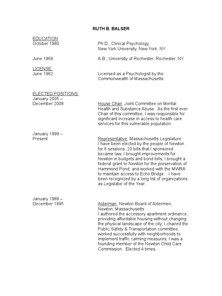 Ruth Balser Resume | PDF | Mental Health | Psychology