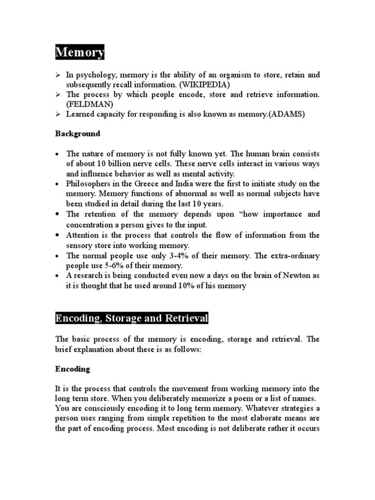 Memory: Encoding, Storage and Retrieval | PDF | Amnesia | Memory