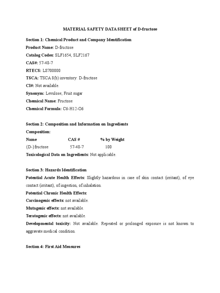 Material Safety Data Sheet of D Fructose | PDF | Toxicity | Fires