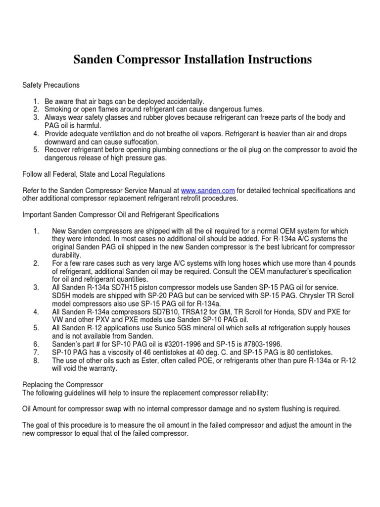 Compressor Installation Instructions | PDF | Air Conditioning | Gas ...