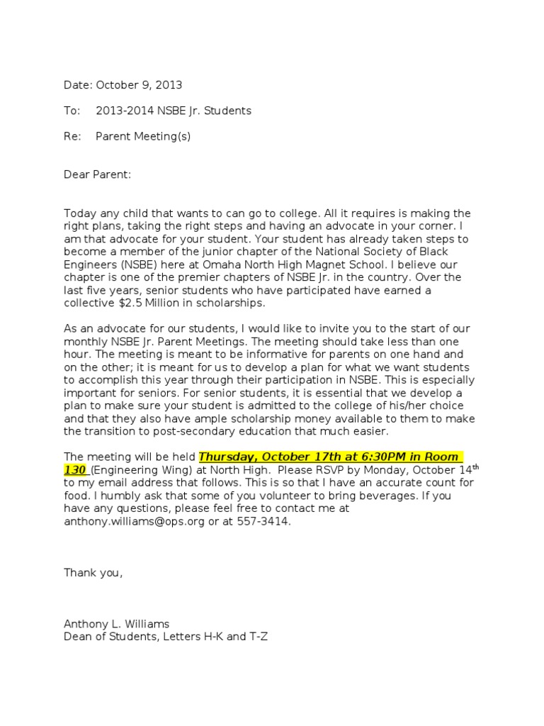 Parent Meeting Letter | PDF