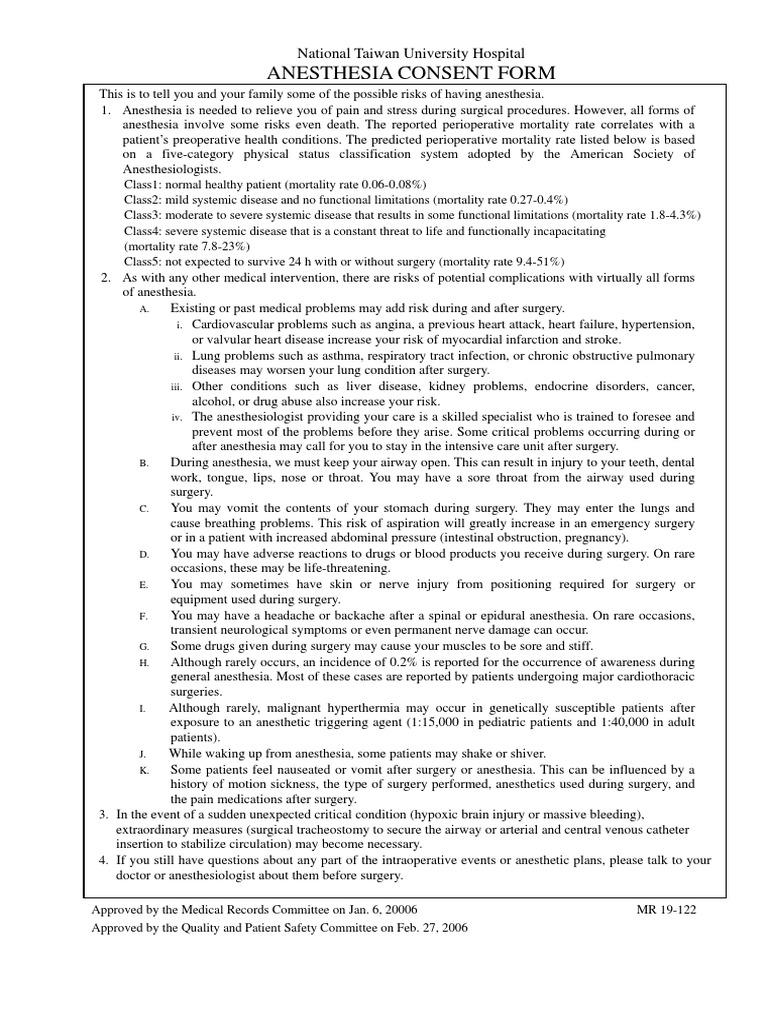 Anesthesia Consent Form | PDF | Anesthesia | Surgery