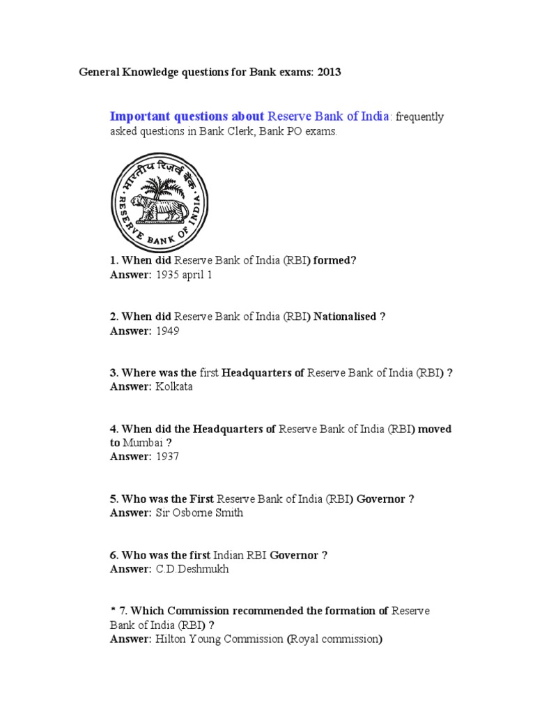 General Knowledge Questions For Bank Exams | PDF | Reserve Bank Of ...