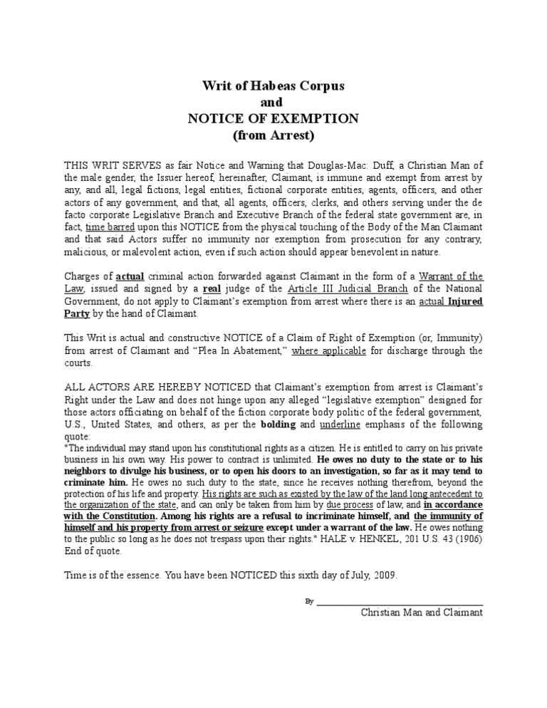 EXHIBIT A - NOTICE of Exemption From Arrest | PDF | Ethical Principles ...