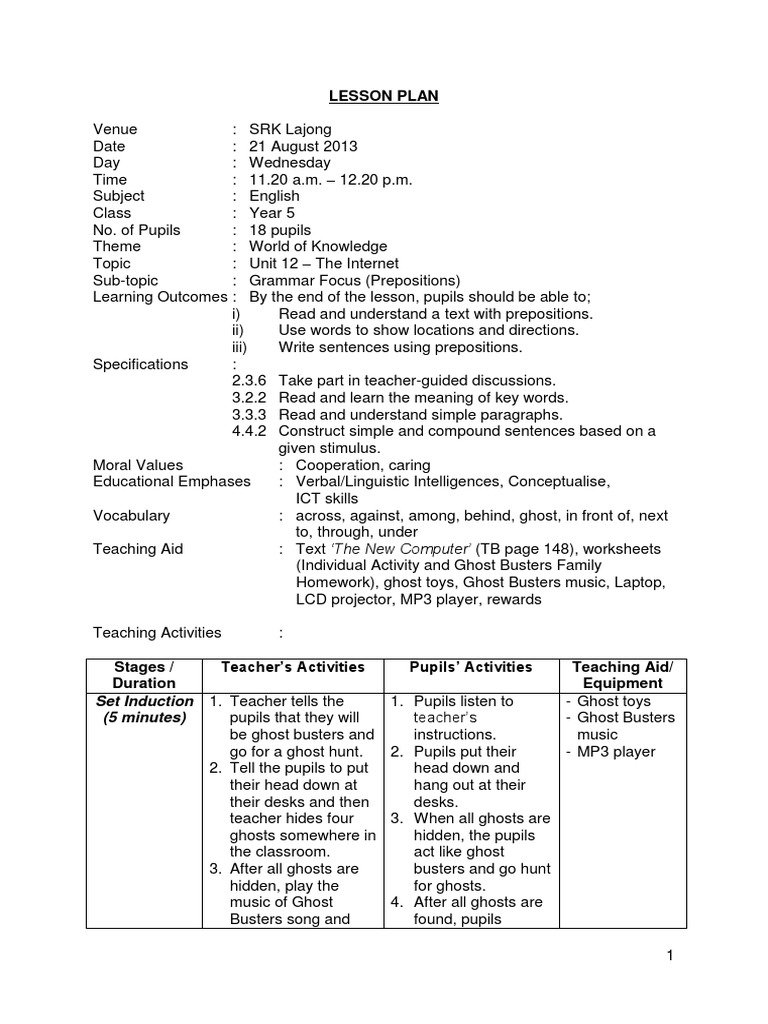 Lesson Plan (Grammar-Preposition).docx | Lesson Plan | Educational ...