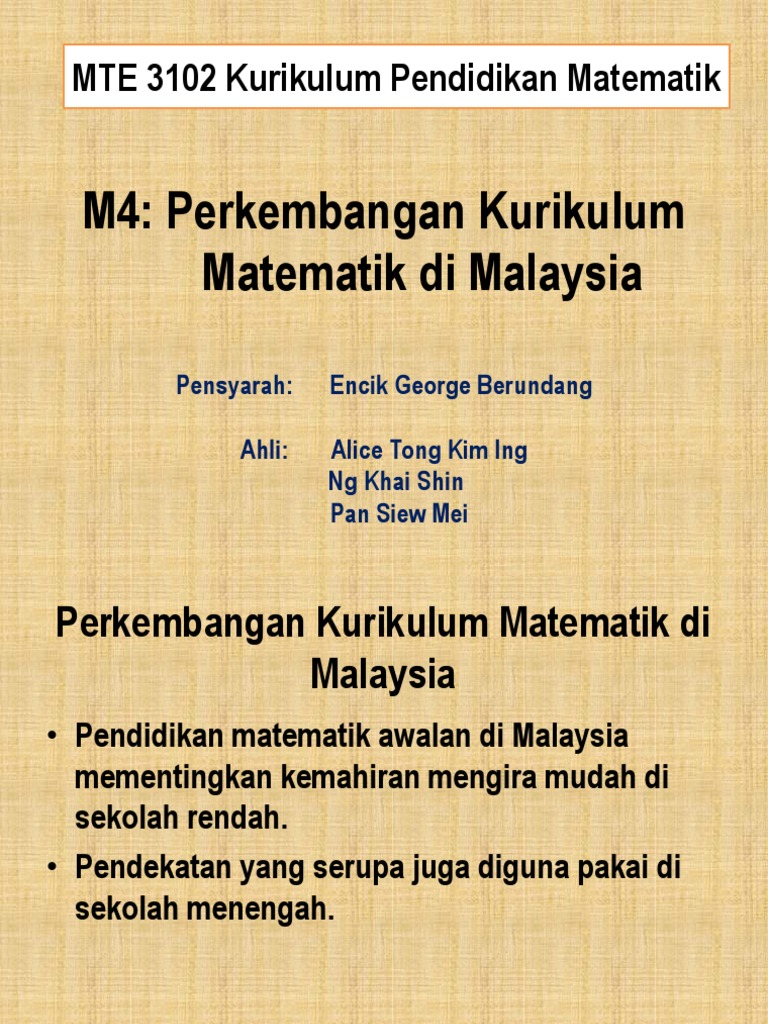 Kuliah M4 - Perkembangan Kurikulum Matematik Di Malaysia | PDF