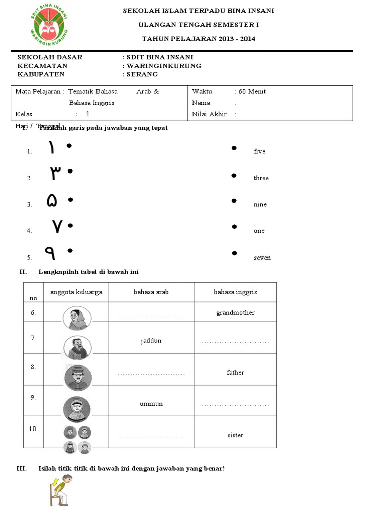 Uts TMTK B.arab&b.inggris Kelas 1 | PDF
