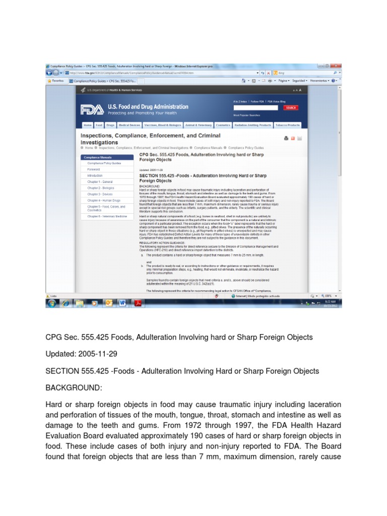 FDA Guidance on Foreign Objects in Food | PDF | Food And Drug ...