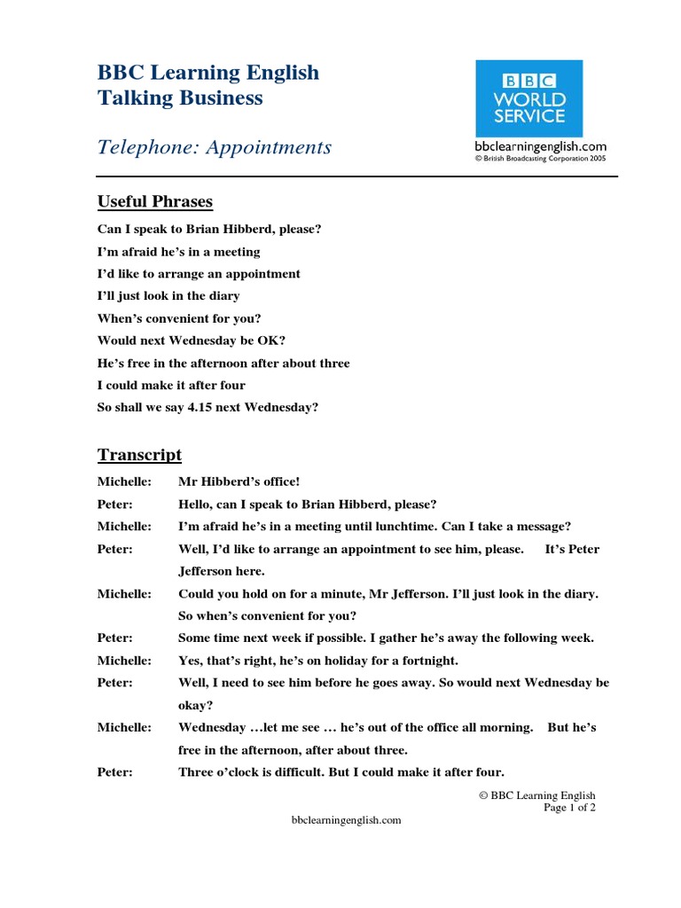 Telephone: Appointments: BBC Learning English Talking Business | PDF