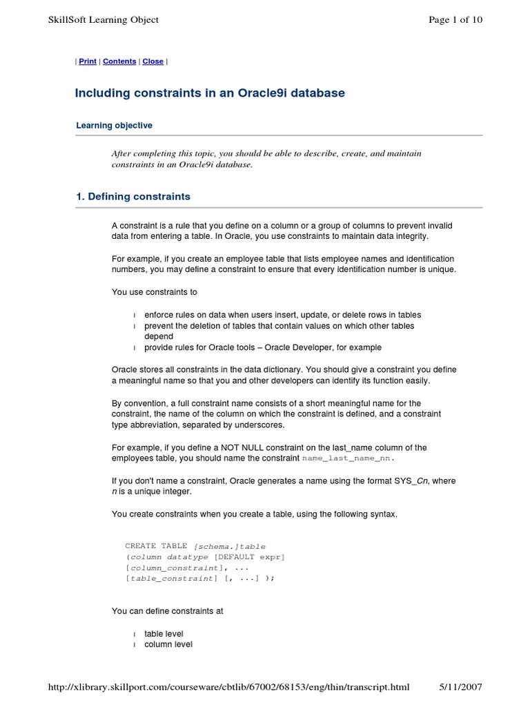 Constraints in Oracle 9i | PDF | Relational Database | Table (Database)