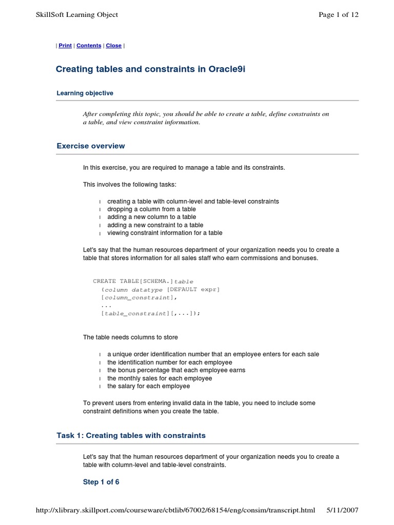 Creating Tables and Constraints in Oracle9I: Page 1 of 12 Skillsoft Learning Object | PDF ...