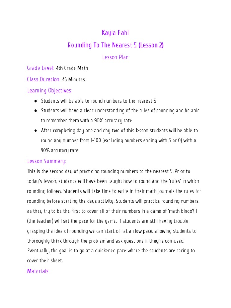 Kayla Pahl Rounding To The Nearest 5 (Lesson 2) : Lesson Plan Grade ...