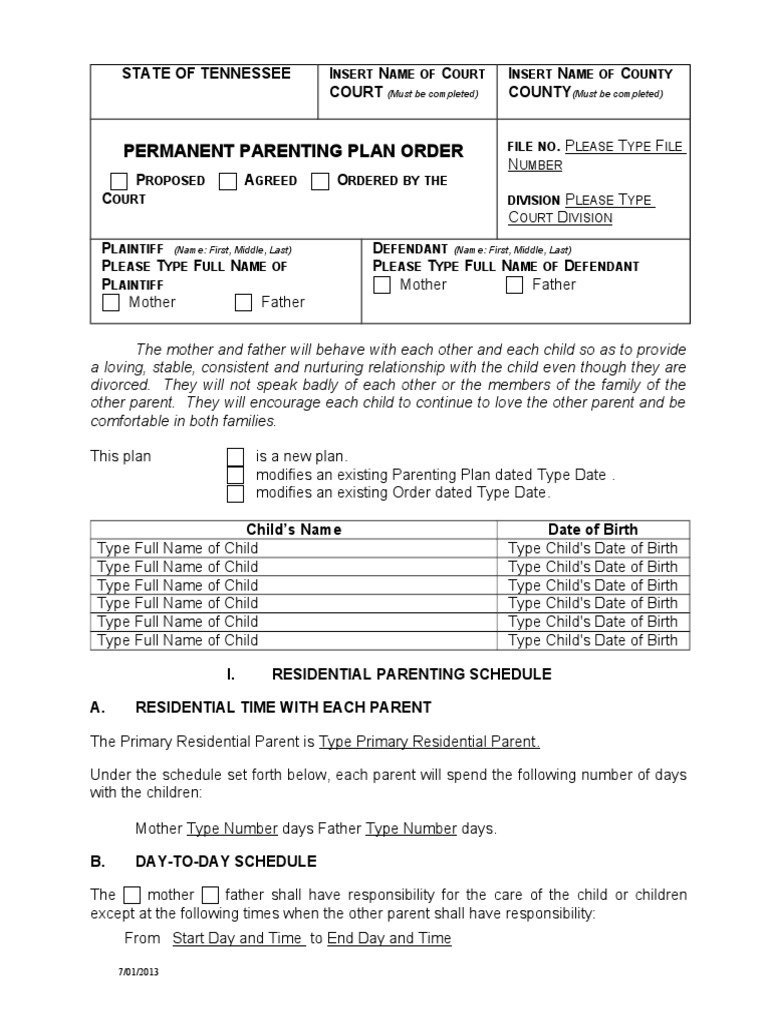 Permanent Parenting Plan Order: State of Tennessee I N C Court I N C County | PDF | Child ...