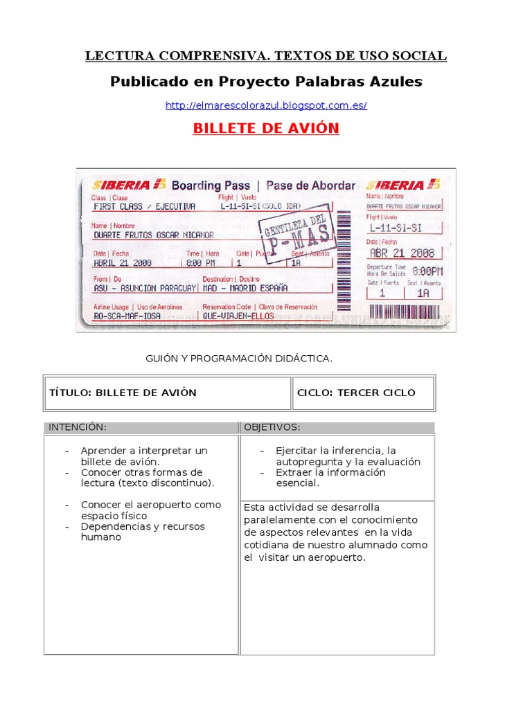 Billete de Avion. Lectura Comprensiva | PDF | Lectura (proceso ...