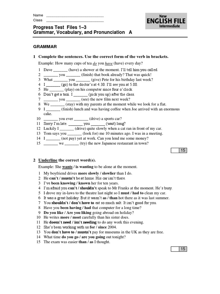 Progress Test 1-3 File Int | PDF