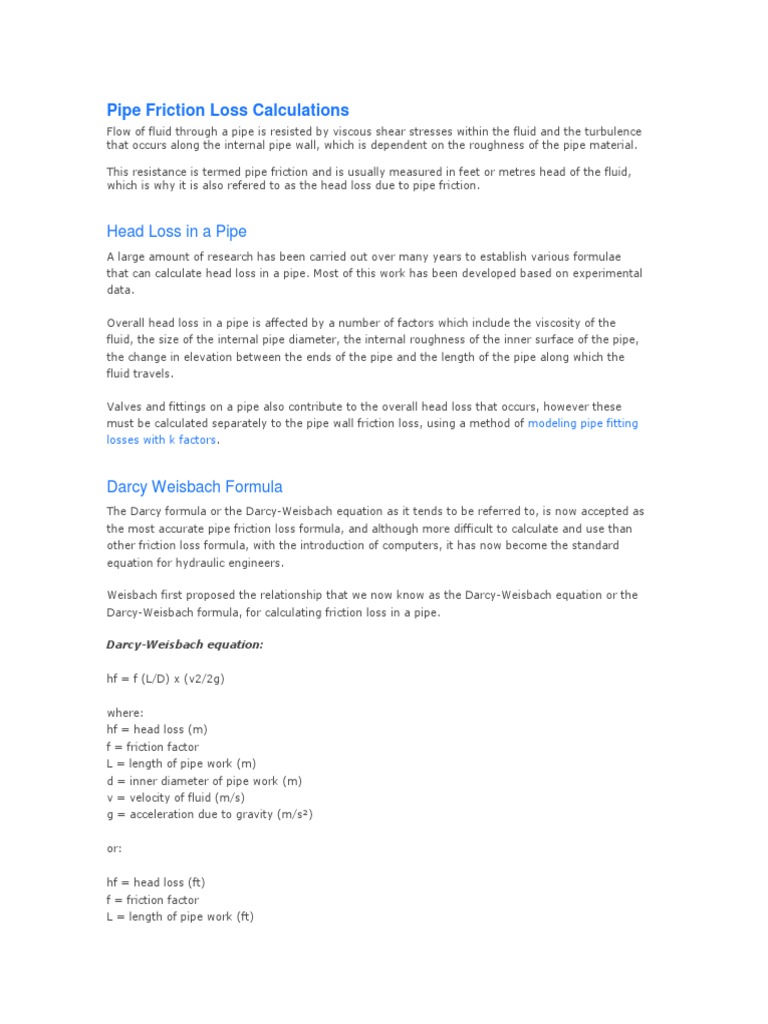 Pipe Friction Loss Calculations | PDF