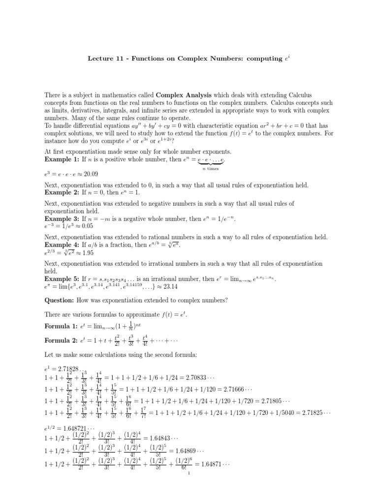 Lecture 11 - Functions On Complex Numbers: Computing E: 00 0 2 T I 3i 1+2i | PDF ...