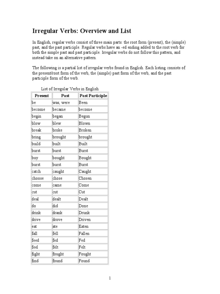 Irregular Verbs: Overview and List: Present Past Past Participle | PDF ...