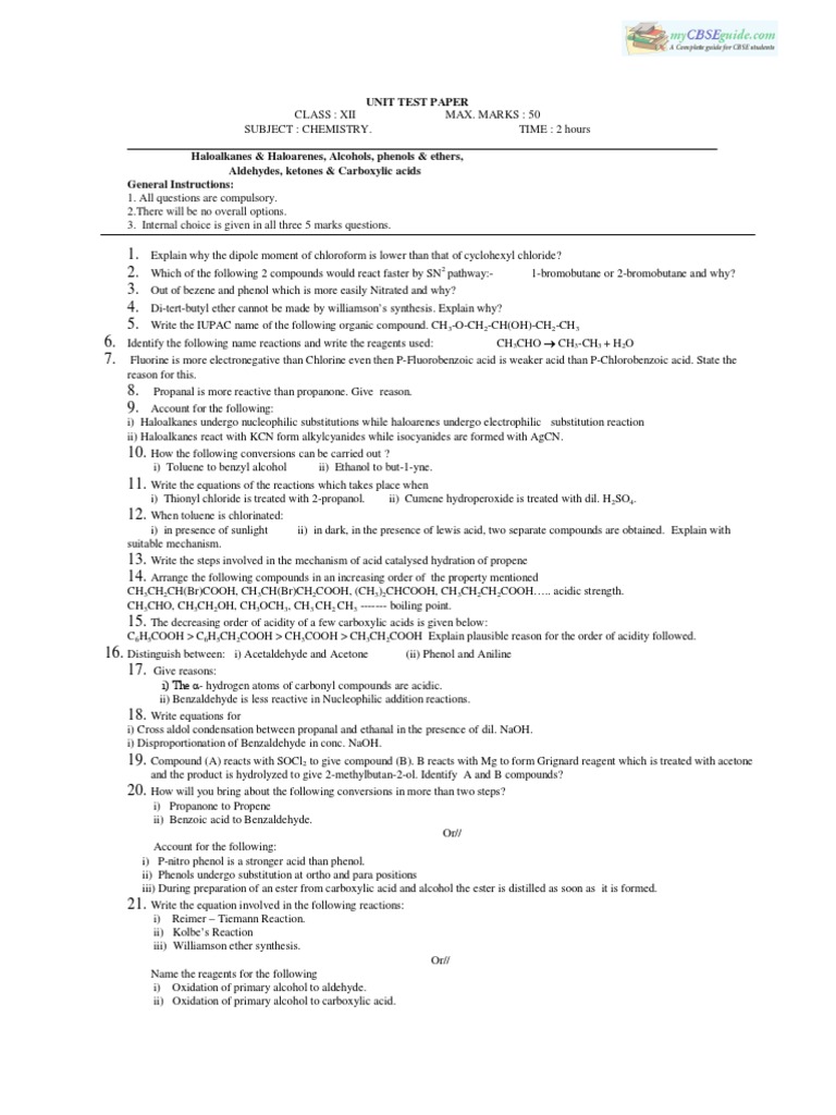 Class: Xii Max. Marks: 50 Subject: Chemistry. TIME: 2 Hours | PDF ...