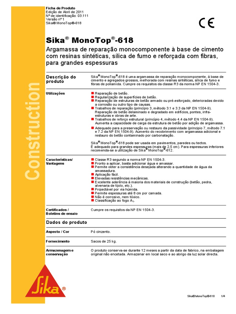 15 Sika Monotop 618 - 03.111 | PDF | Argamassa (alvenaria) | Corrosão