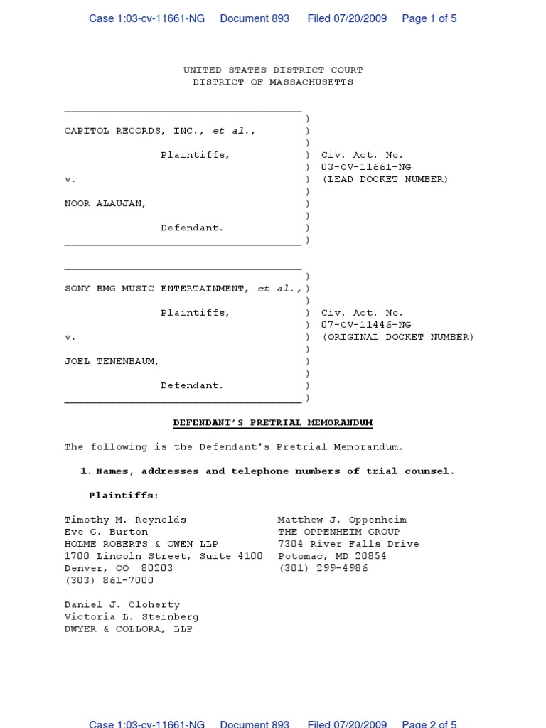 Defendant's Pretrial Materials in Sony v. Tenenbaum | PDF | Fair Use ...