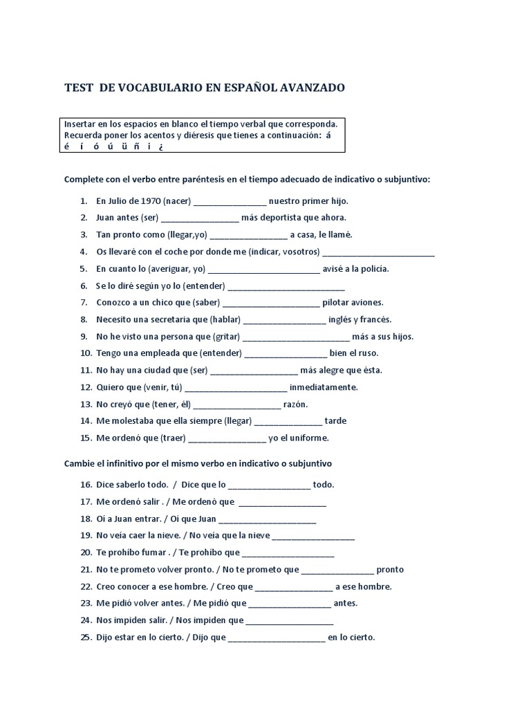 Test de Vocabulario en Español Avanzado | PDF