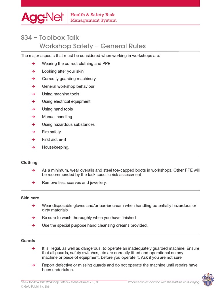 Toolbox Talk - Workshop Safety General Rules | PDF | Personal ...