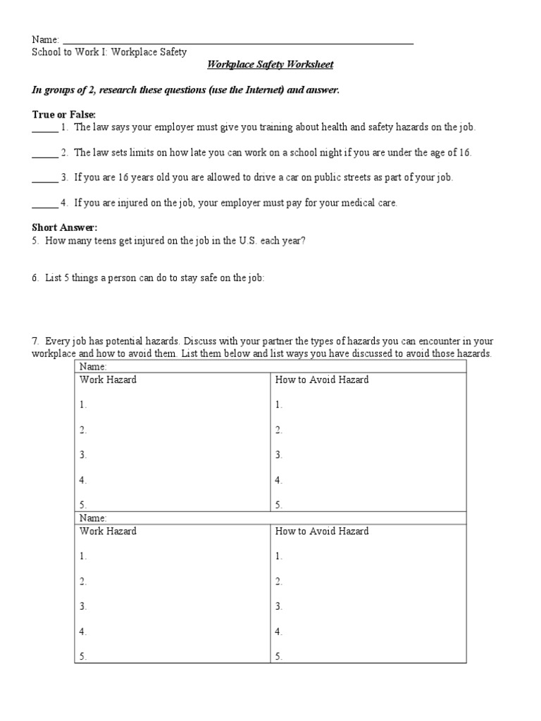 OSHA Workplace Safety Worksheet | PDF