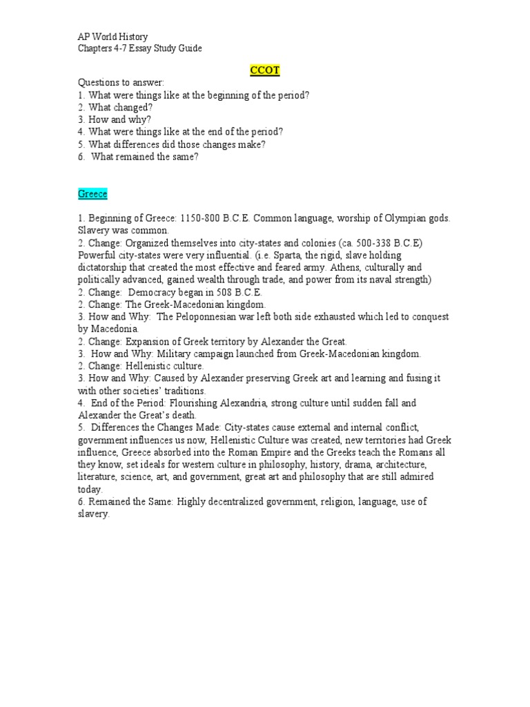 AP World History CCOT or Comparison Essay Chapters 4-7 Study Guide ...