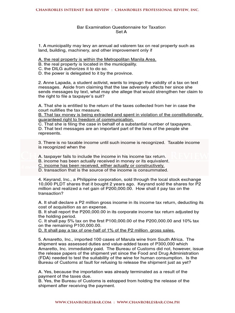 Taxation Law Bar Exam 2011 | PDF