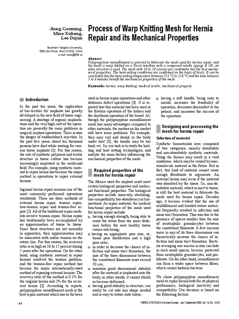 Process of Warp Knitting Mesh For Hernia Repair and Its Mechanical ...
