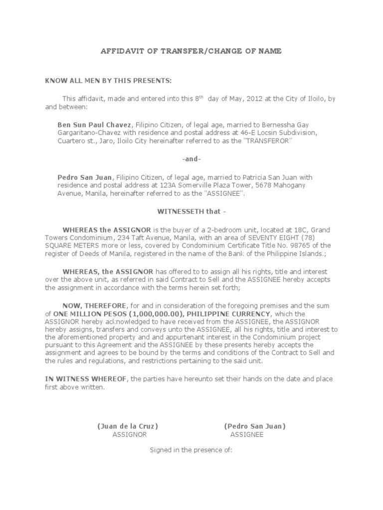 Affidavit of Transfer | Assignment (Law) | Manila