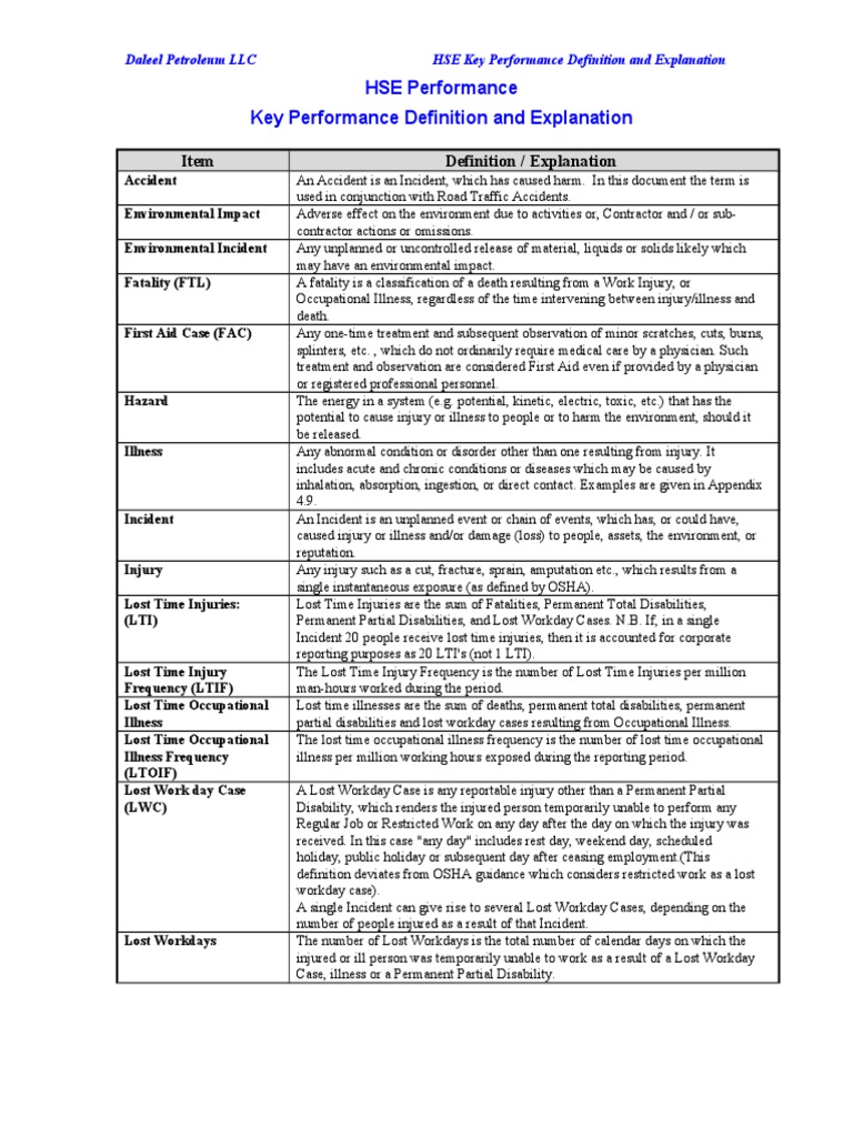 HSE Key Performance Definition and Explanation | Download Free PDF ...