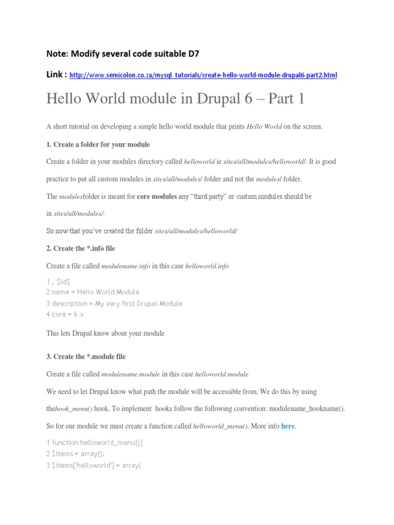 Hello World Module in Drupal 6 - Part 1: Link | PDF | Drupal | Php