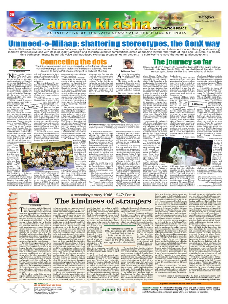 Aman Ki Asha Page Published in The News | PDF | Pakistan | India–Pakistan Relations