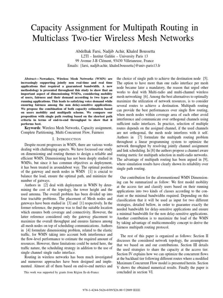 Capacity Assignment For Multipath Routing In Multiclass Two Tier Wireless Mesh Networks Pdf