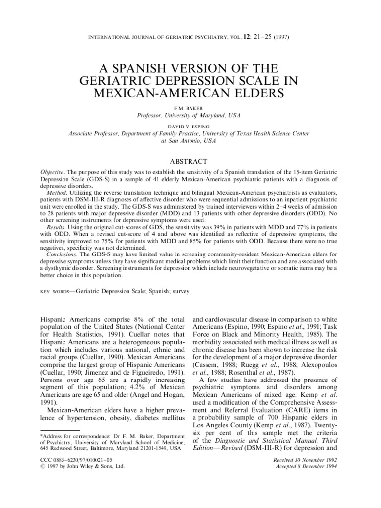 A Spanish Version of The Geriatric Depression Scale Mexican Americans ...