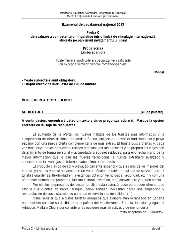 Modele de Subiecte Bacalaureat 2013 Proba C Scrisa Competente Lingvistice Limba Spaniola | PDF ...