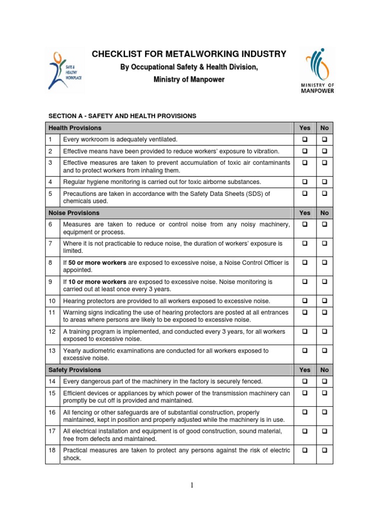 Checklist For Metalworking Industry | PDF | Noise | Risk